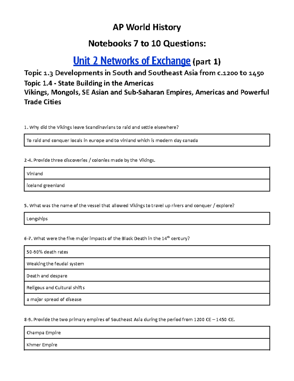 AP World History: Unit 2 Exchange Networks Questions (Part 1) - Studocu