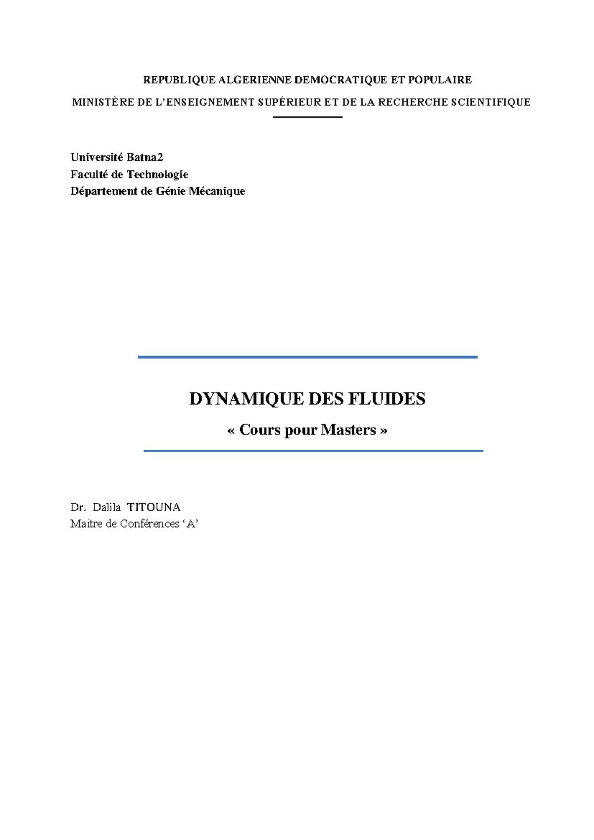 Cours de Dynamique des Fluides - Master D 02 - Dr. Titouna - Studocu