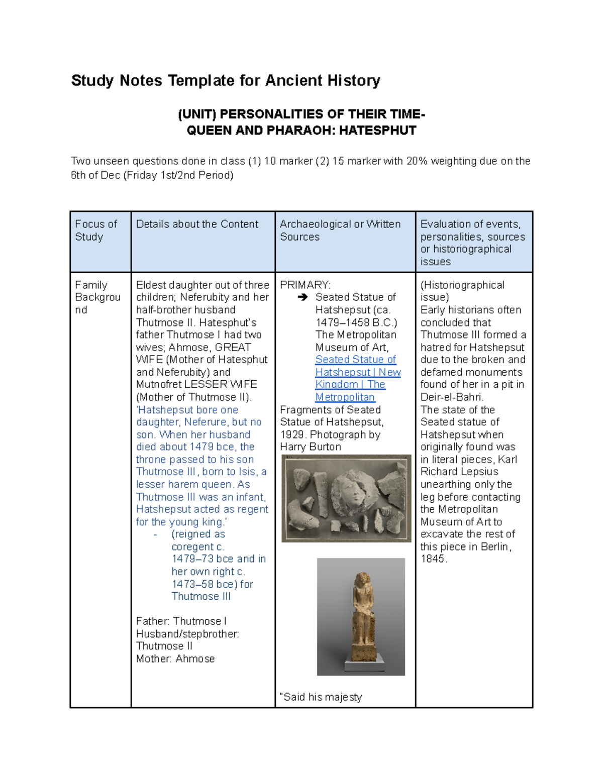 Ancient History Study Notes: Queen Hatshepsut for Year 12 HAT2025 - Studocu