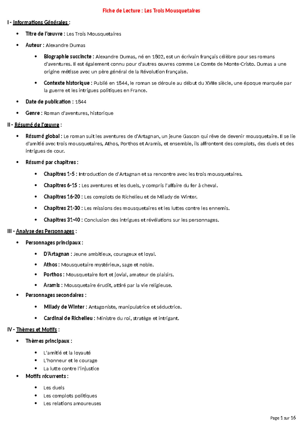 Fiche de Lecture et QCM sur "Les 3 Mousquetaires" (Littérature) - Studocu