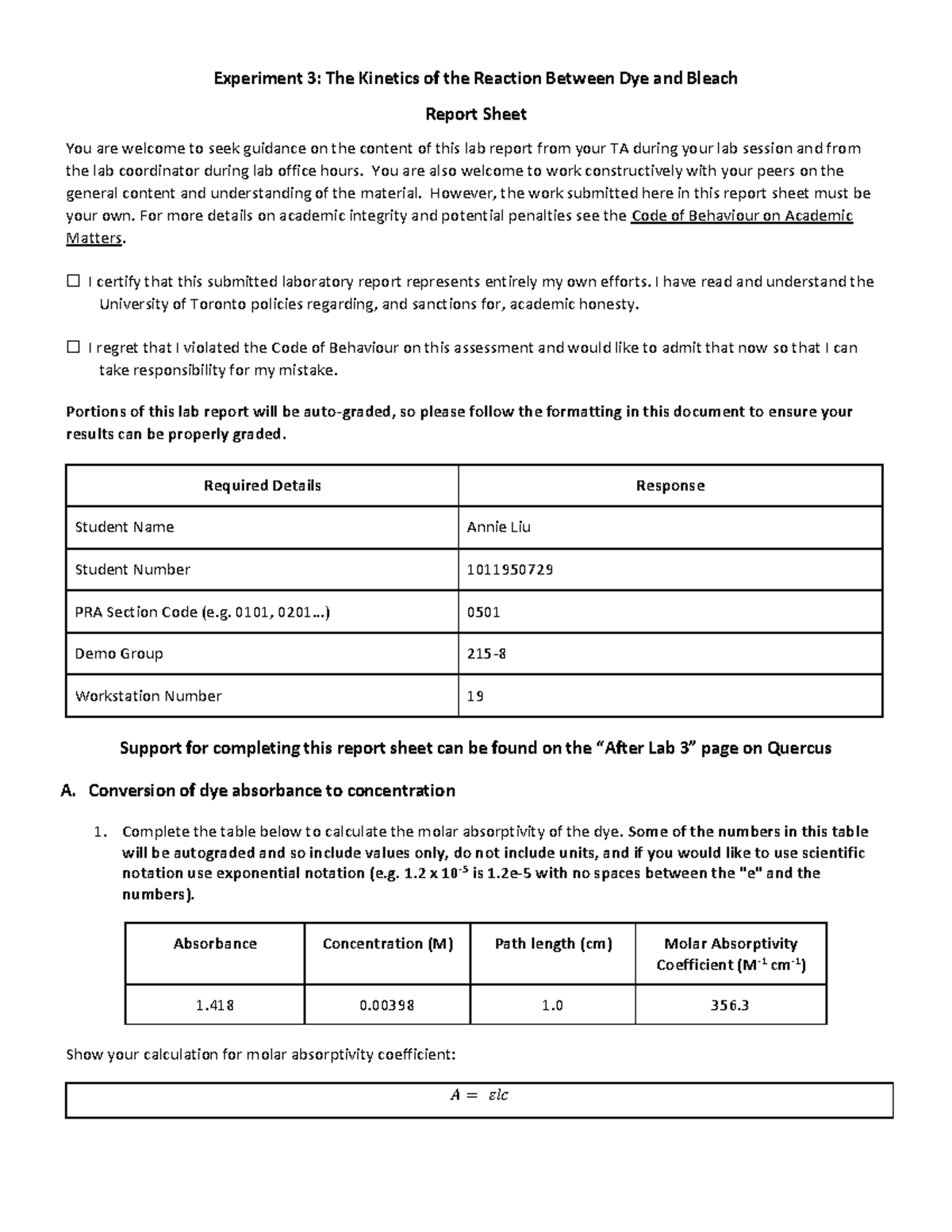CHM135 Lab 3: Kinetics of Dye and Bleach Reaction Report - Studocu