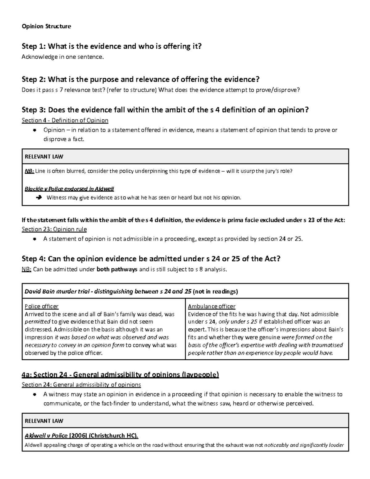 Law of Evidence: Opinion Structure Summary (Course Code: 1) - Studocu