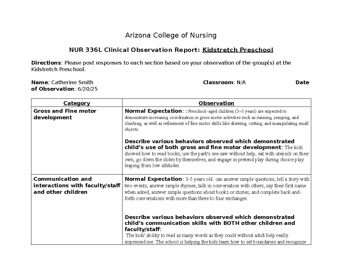 NUR 336L Clinical Observation Report: Kidstretch Preschool Insights ...