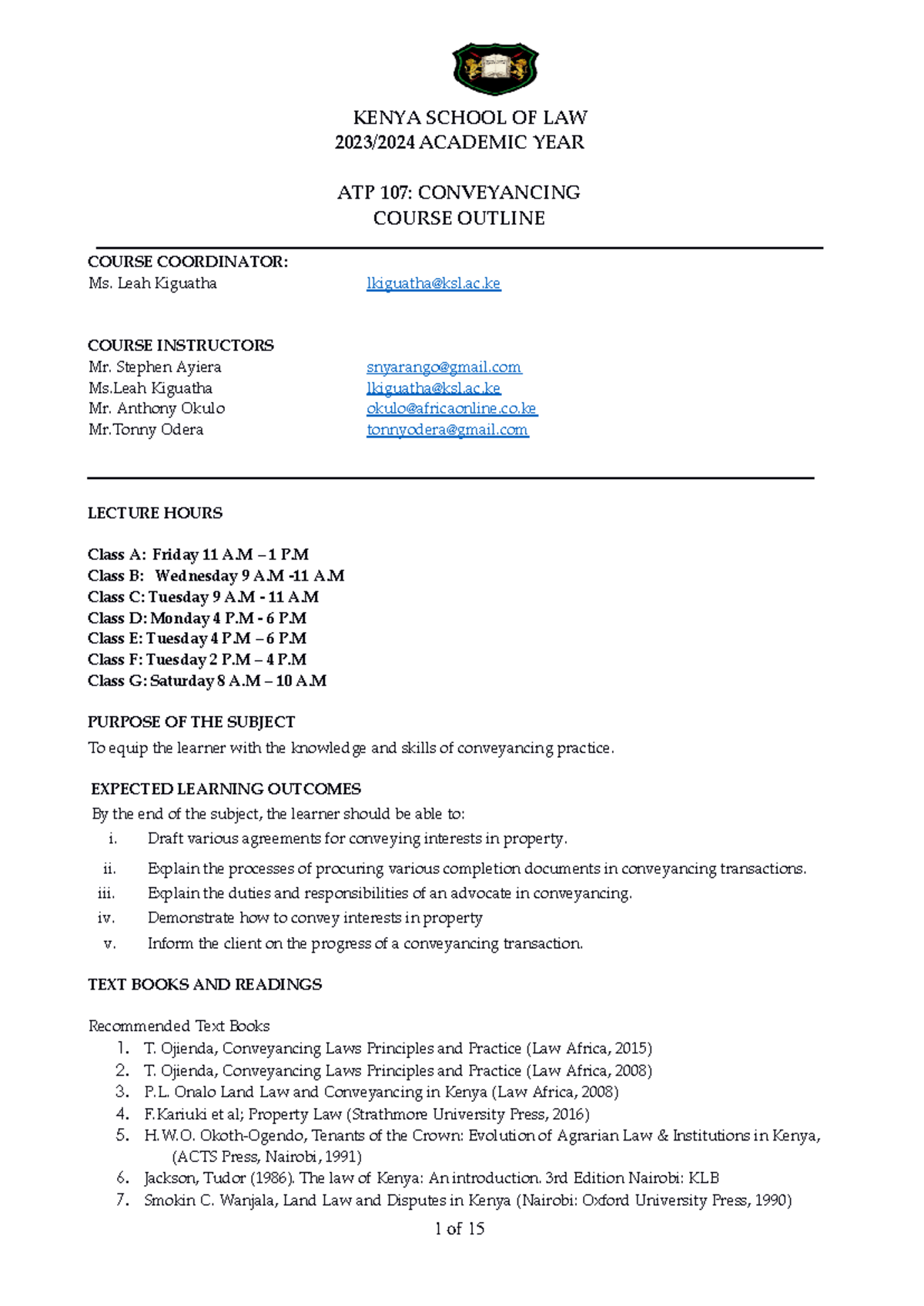 ATP 107: Detailed Conveyancing Course Outline for 2023-2024 - Studocu