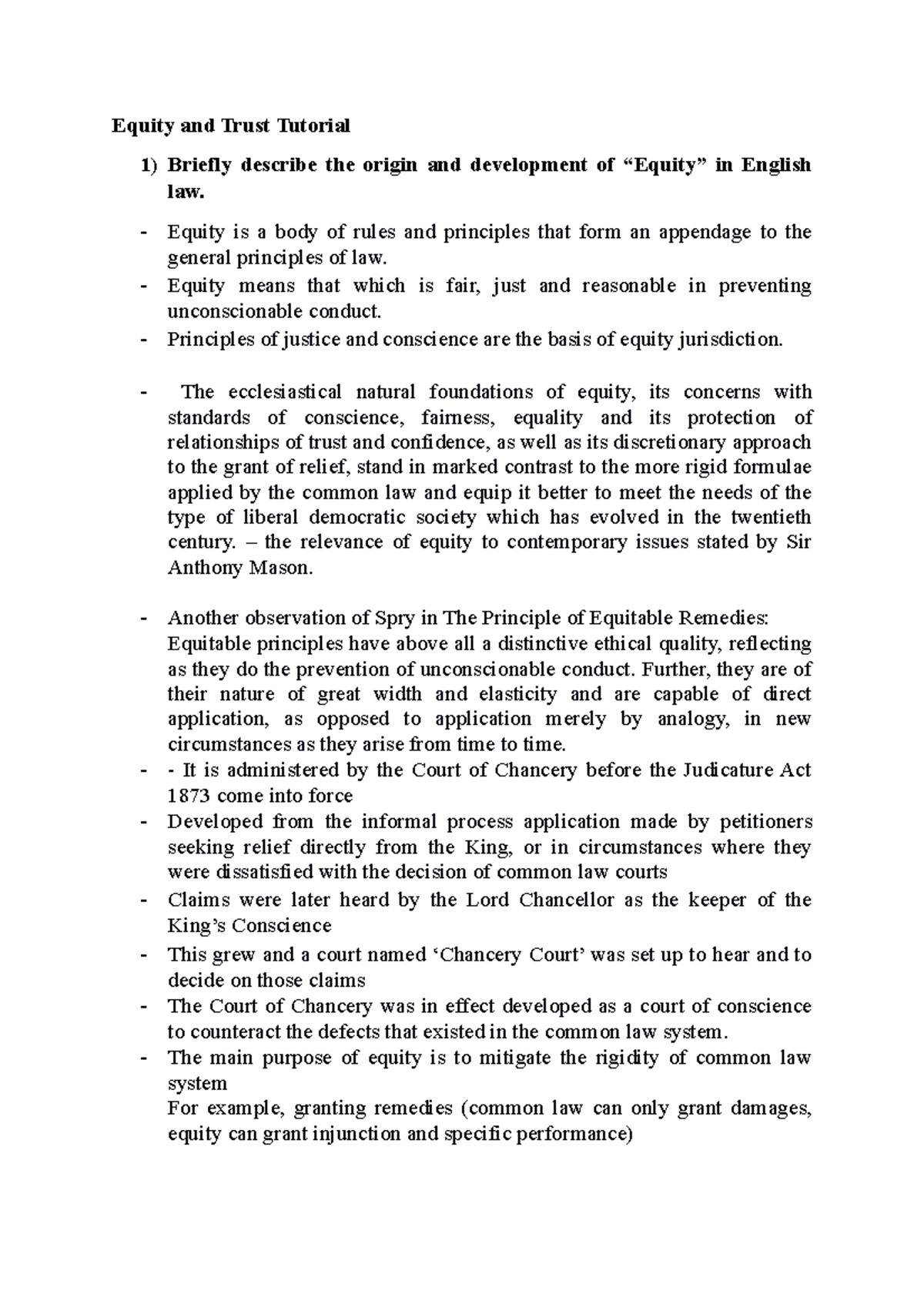 Equity and Trust Tutorial 1 - Equity is a body of rules and principles ...