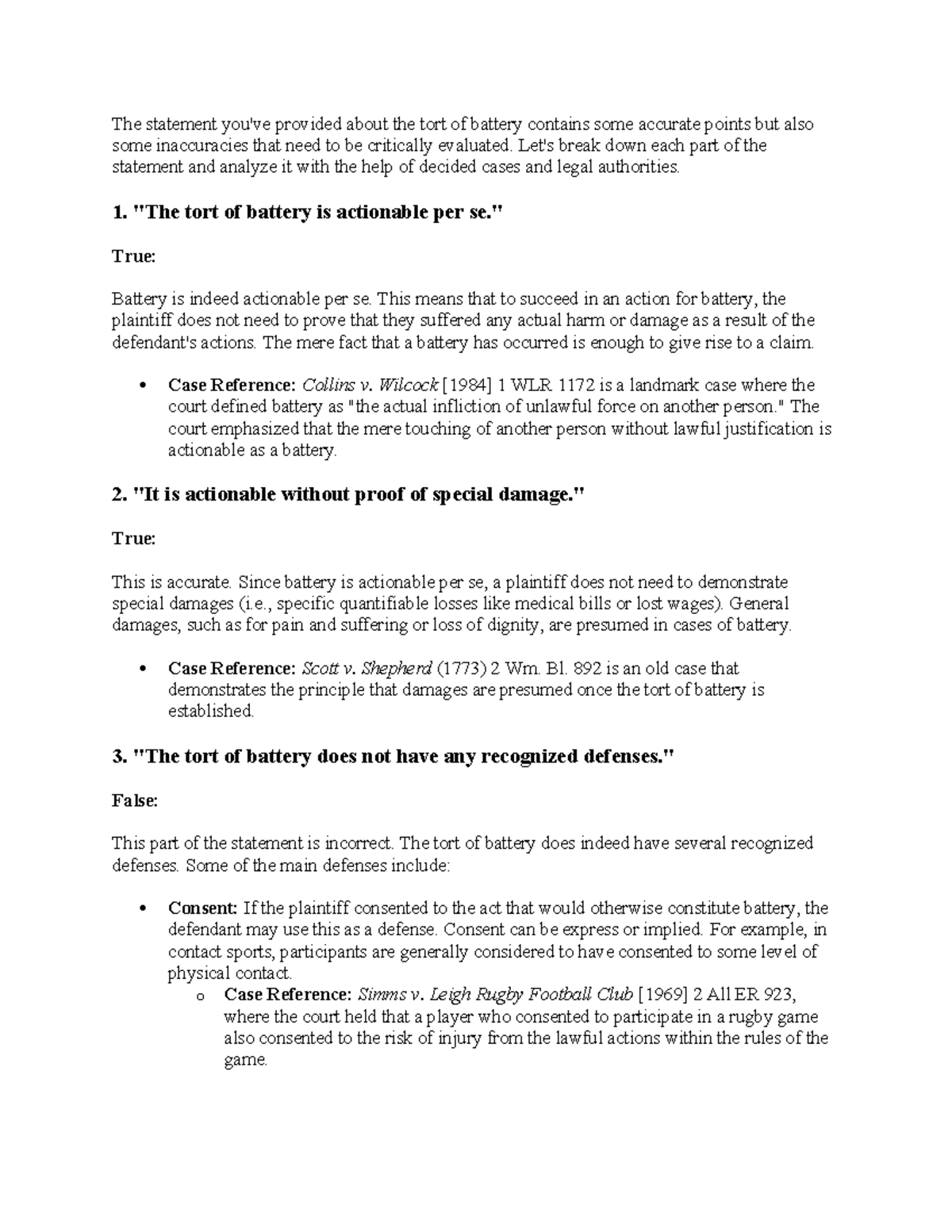 Tort Law Analysis: Evaluating the Tort of Battery and Its Defenses ...