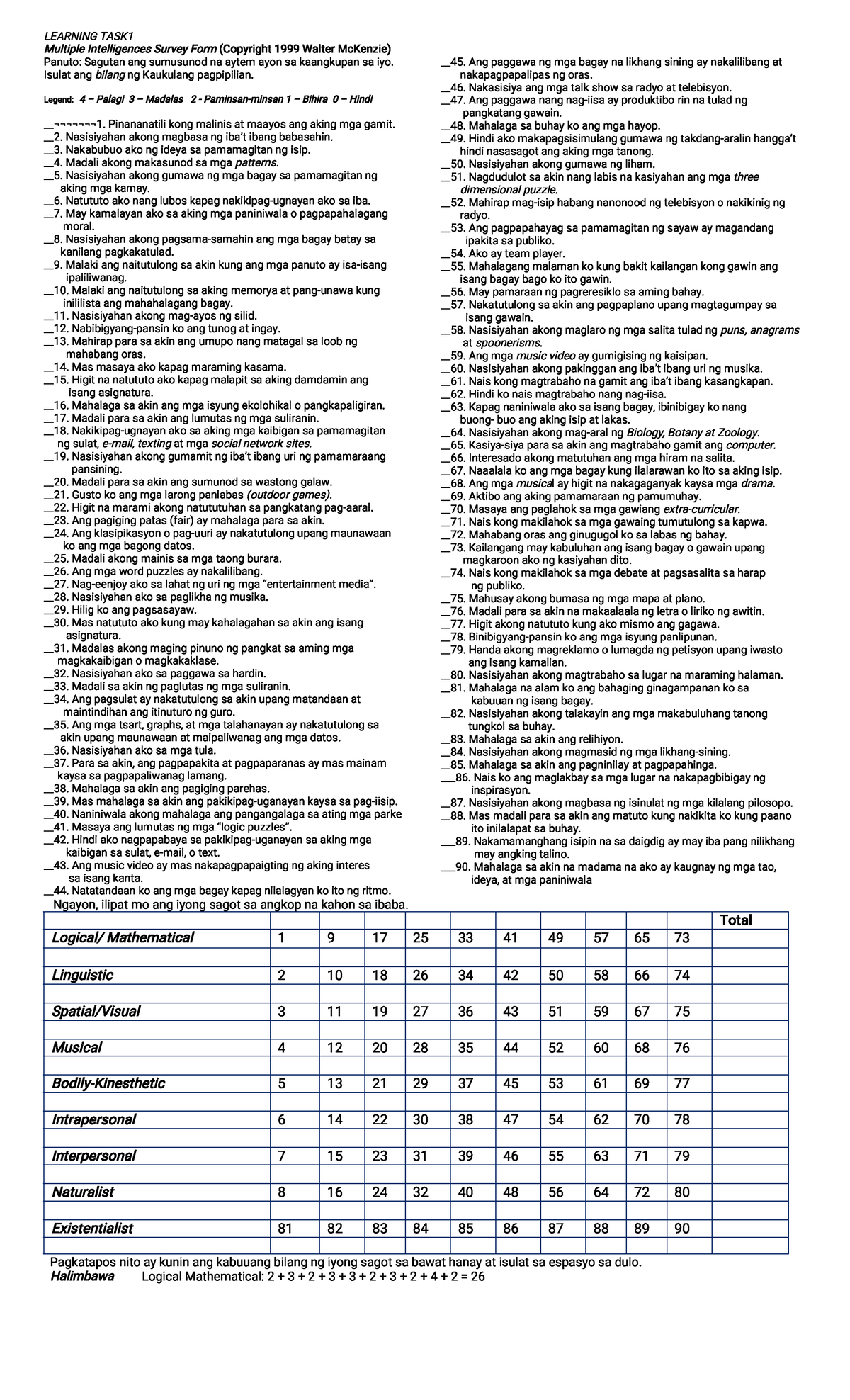 Multiple Intelligences Survey Form - Isulat angbilang ng Kaukulang ...