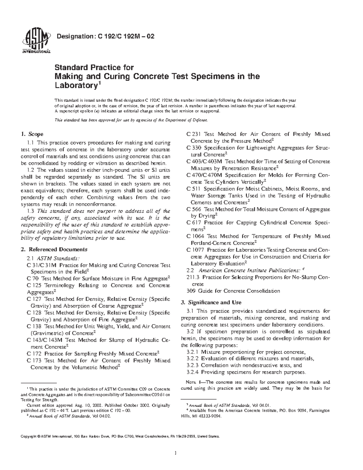 ASTM C 192/C 192M: Concrete Mixing & Curing Test Specimens Guide - Studocu