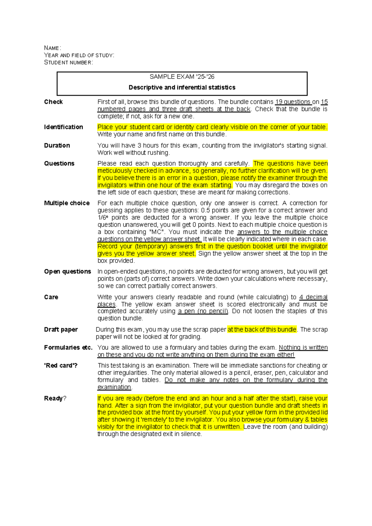 Example Exam 2526: Descriptive & Inferential Statistics Guide - Studocu