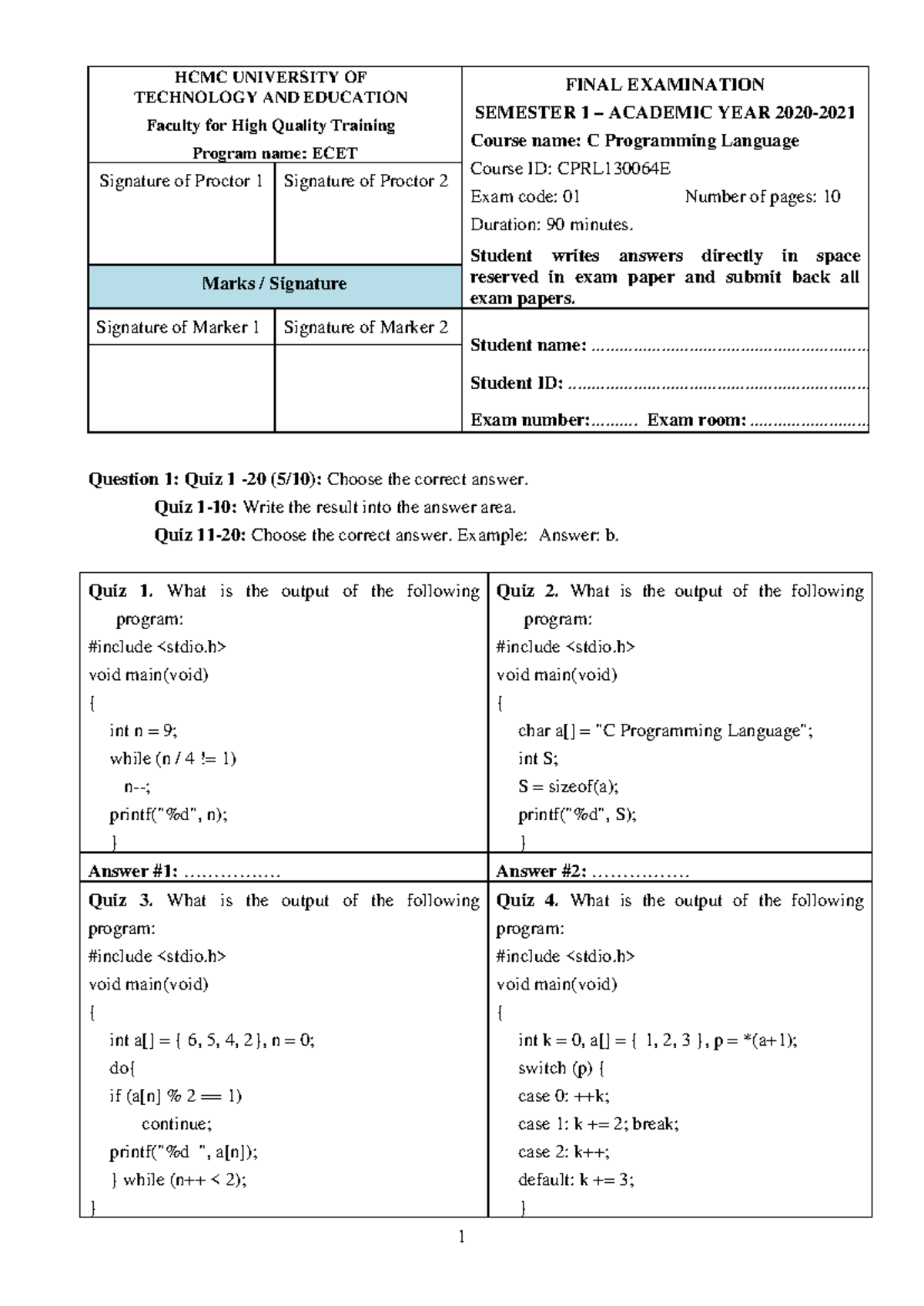 20-21, HK1 CPRL130064E C Programming Language Final Exam - Studocu