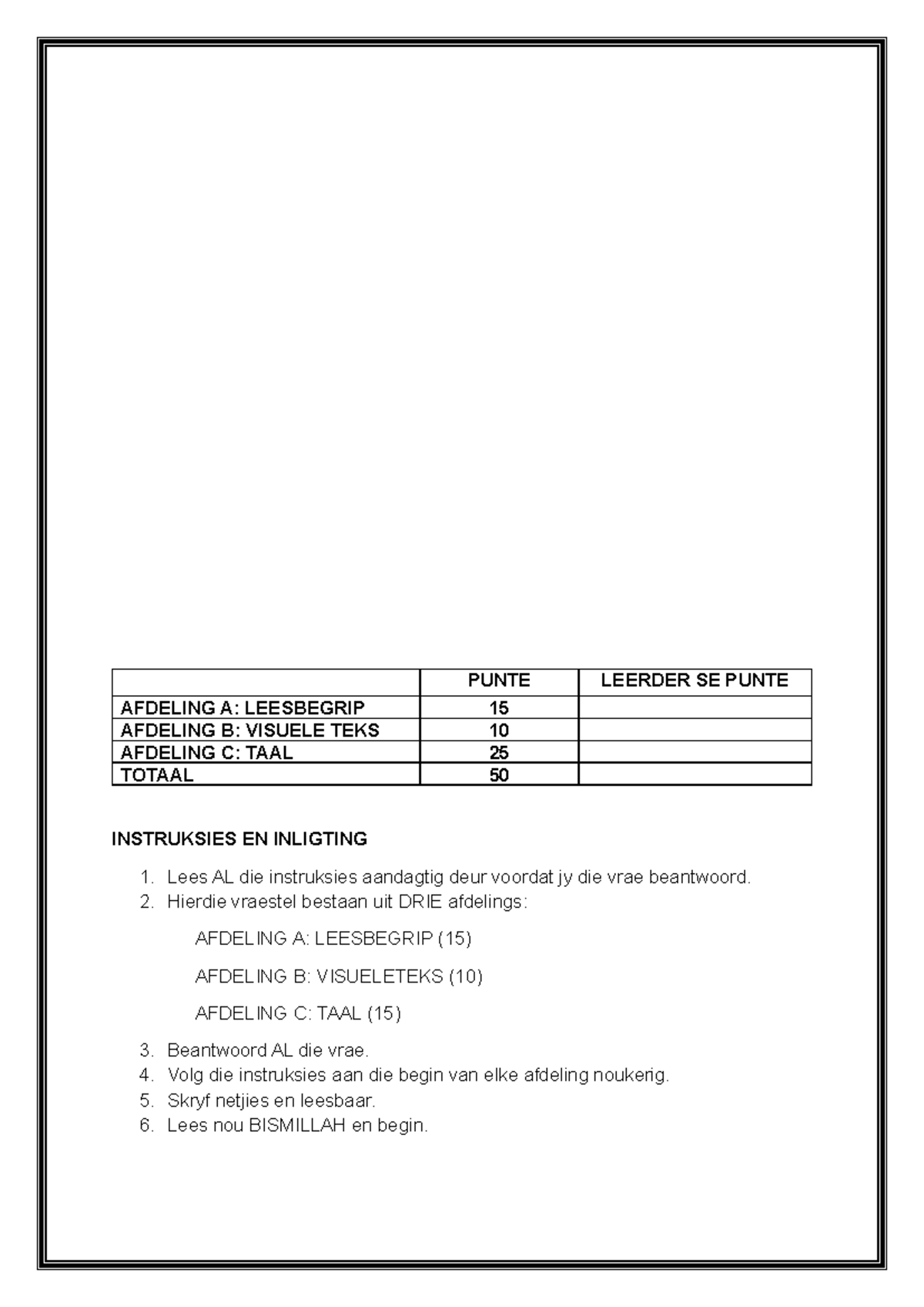 Graad 4 KWA1 Toets: Leesbegrip, Visuele Teks en Taal Afdelings - Studocu