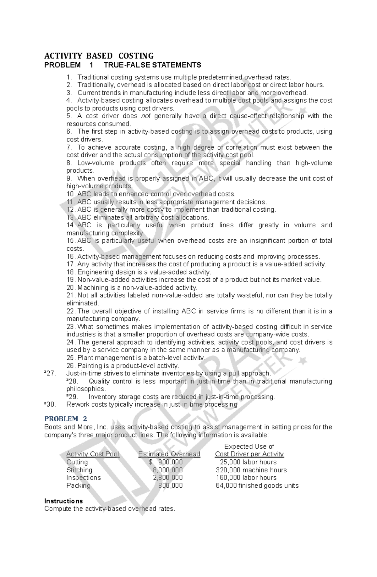 Activity Based Costing Problems and Exercises (ABC 101) - Studocu
