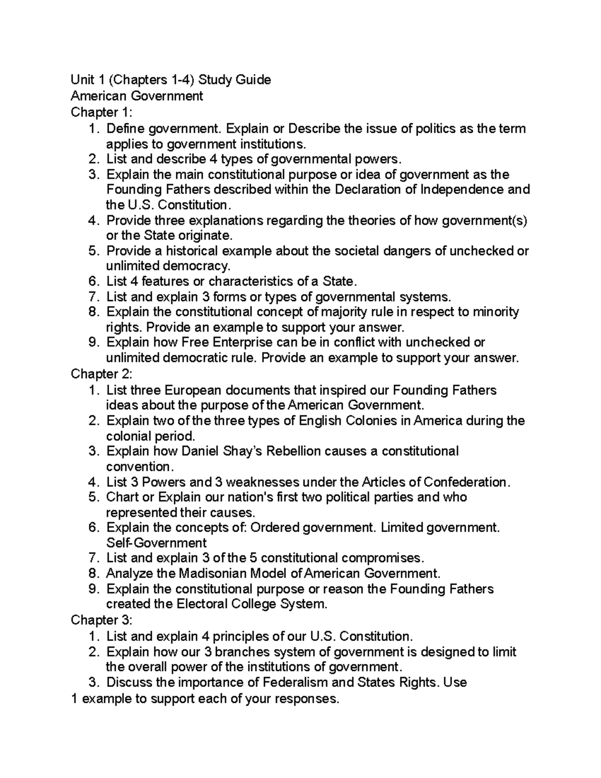American Government Unit 1 (Chapters 1-4) Study Guide - Studocu