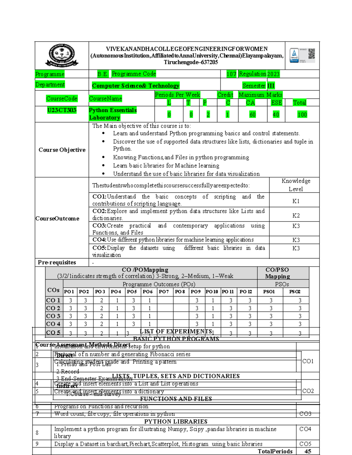 Python Essentials Lab U23CT303 - Course Overview and Experiments - Studocu