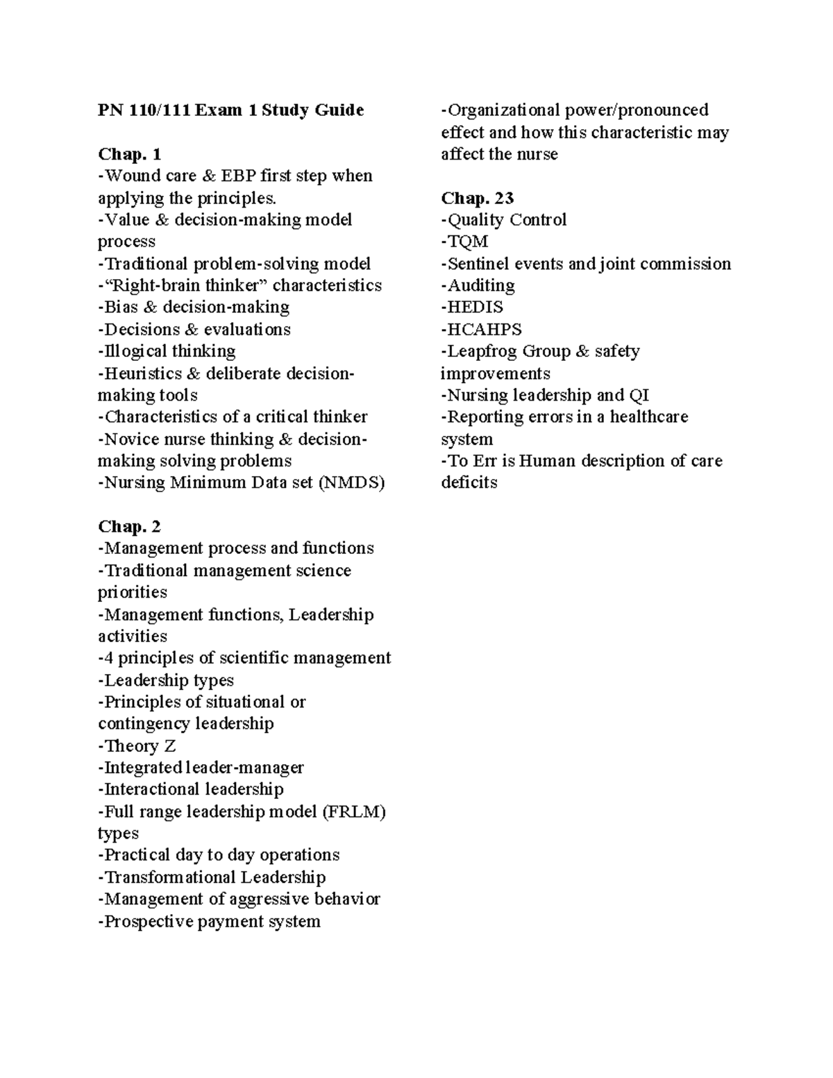 PN 110-111 Exam 1 Study guide - PN 110/111 Exam 1 Study Guide Chap. 1 ...