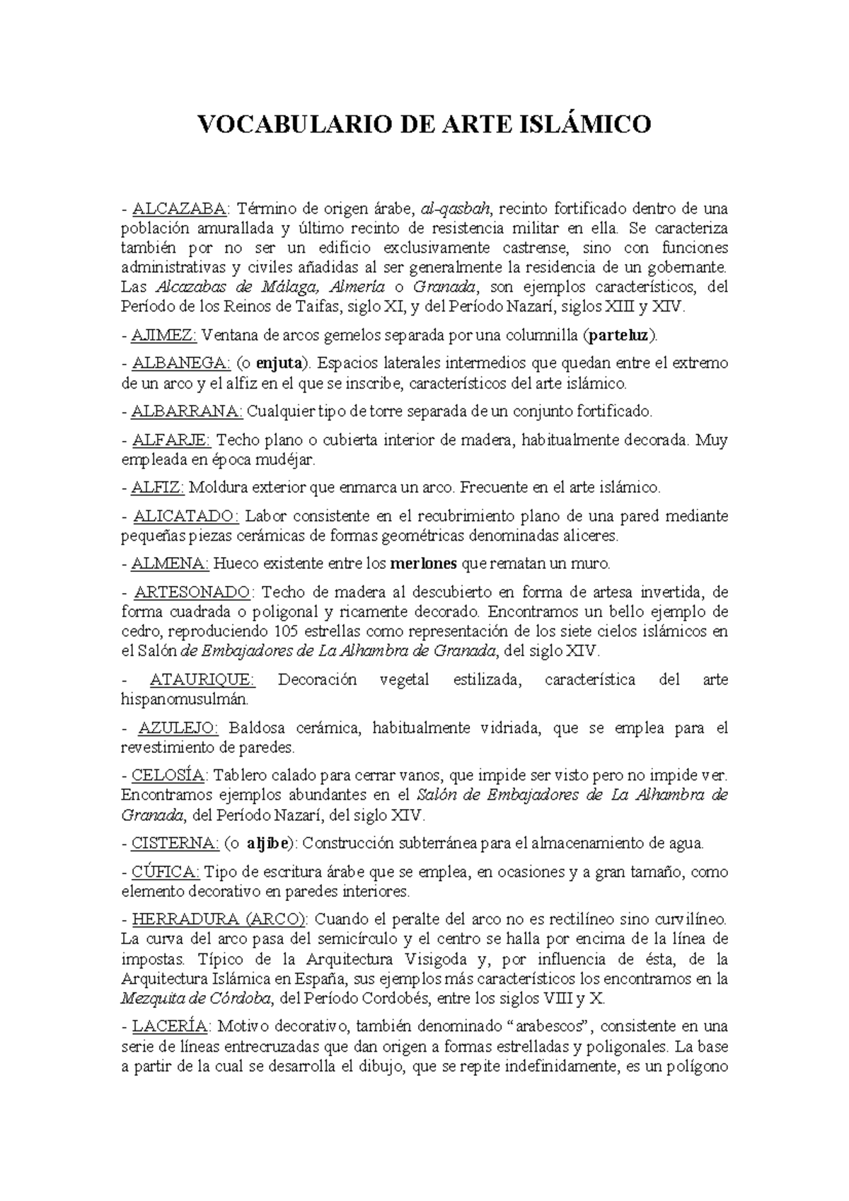 Vocabulario de Arte Islámico: Términos y Definiciones Clave - Studocu