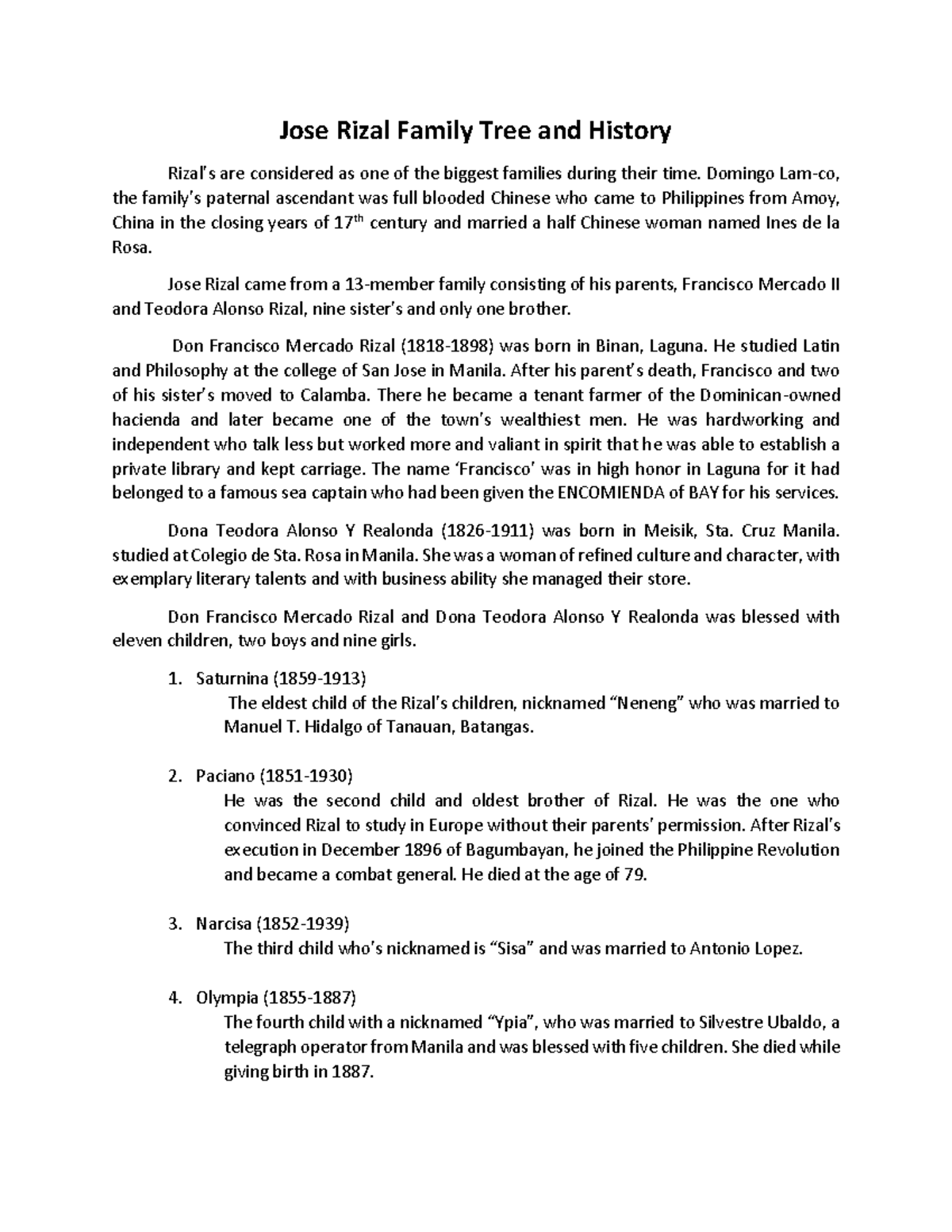 Jose Rizal Family Tree: History and Legacy of Rizal Family - Studocu