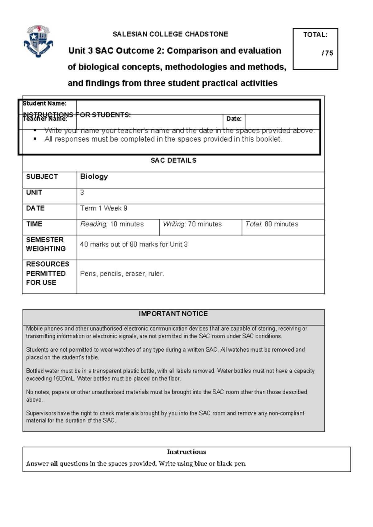 Unit 3 Biology SAC 2 2024 - AOS2: Evaluation of Photosynthesis ...