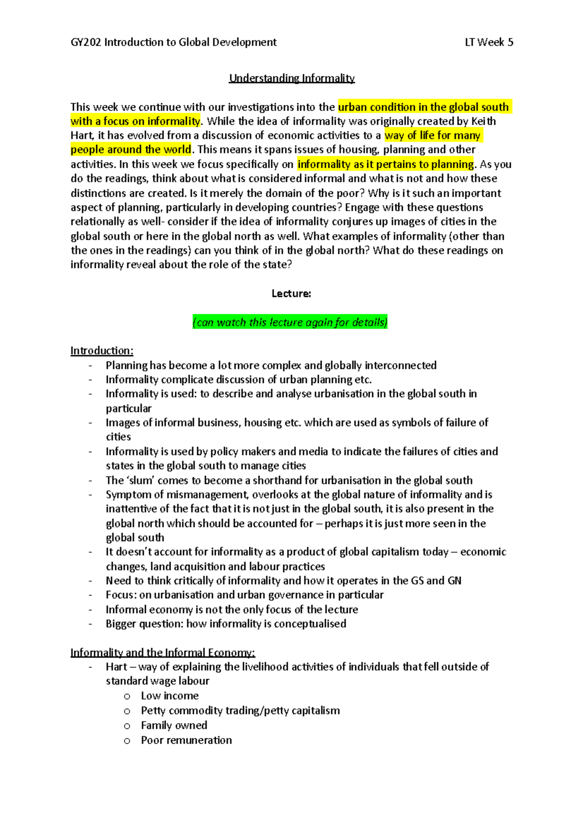 LT Week 5 - Lecture Notes on Urban Informality in Global Context - Studocu