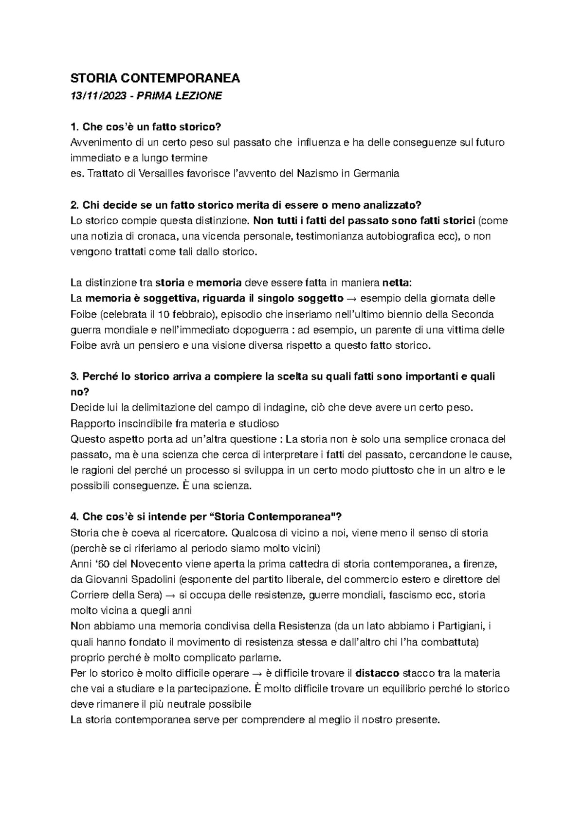 STORIA CONTEMPORANEA: LEZIONE 1 - Fatti Storici e Memoria - Studocu
