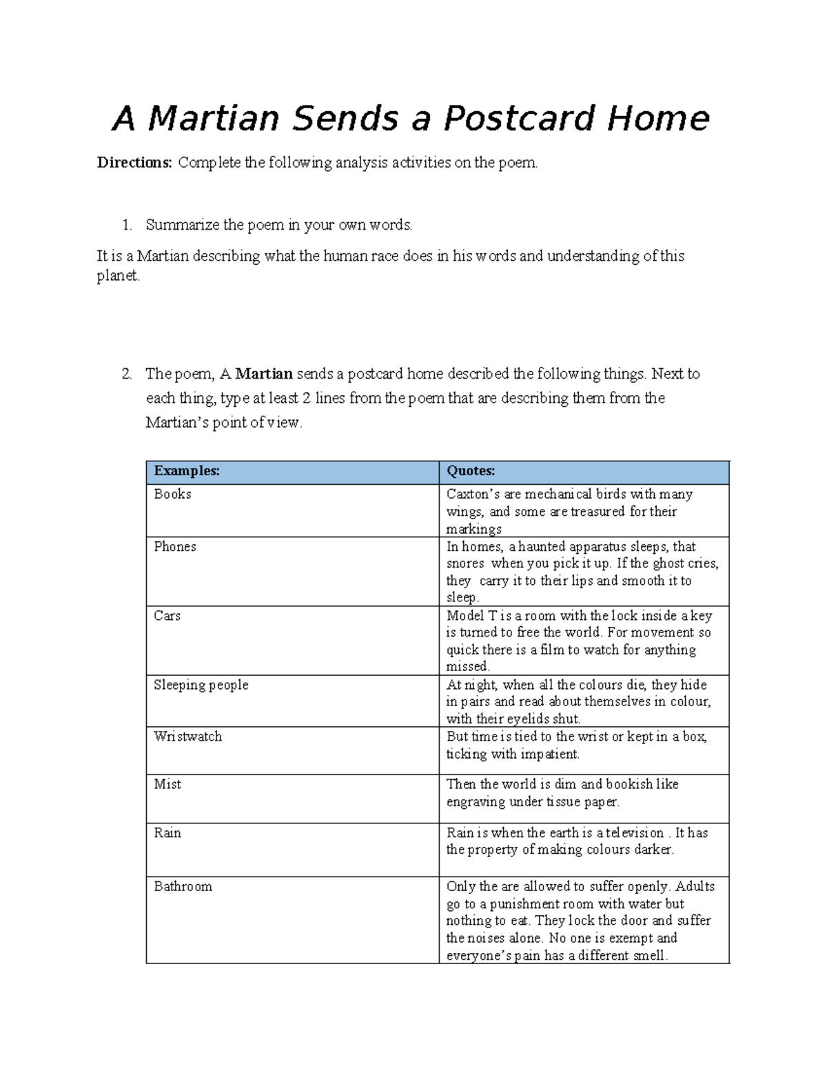 Analysis of "A Martian Sends a Postcard Home" Poem - Studocu