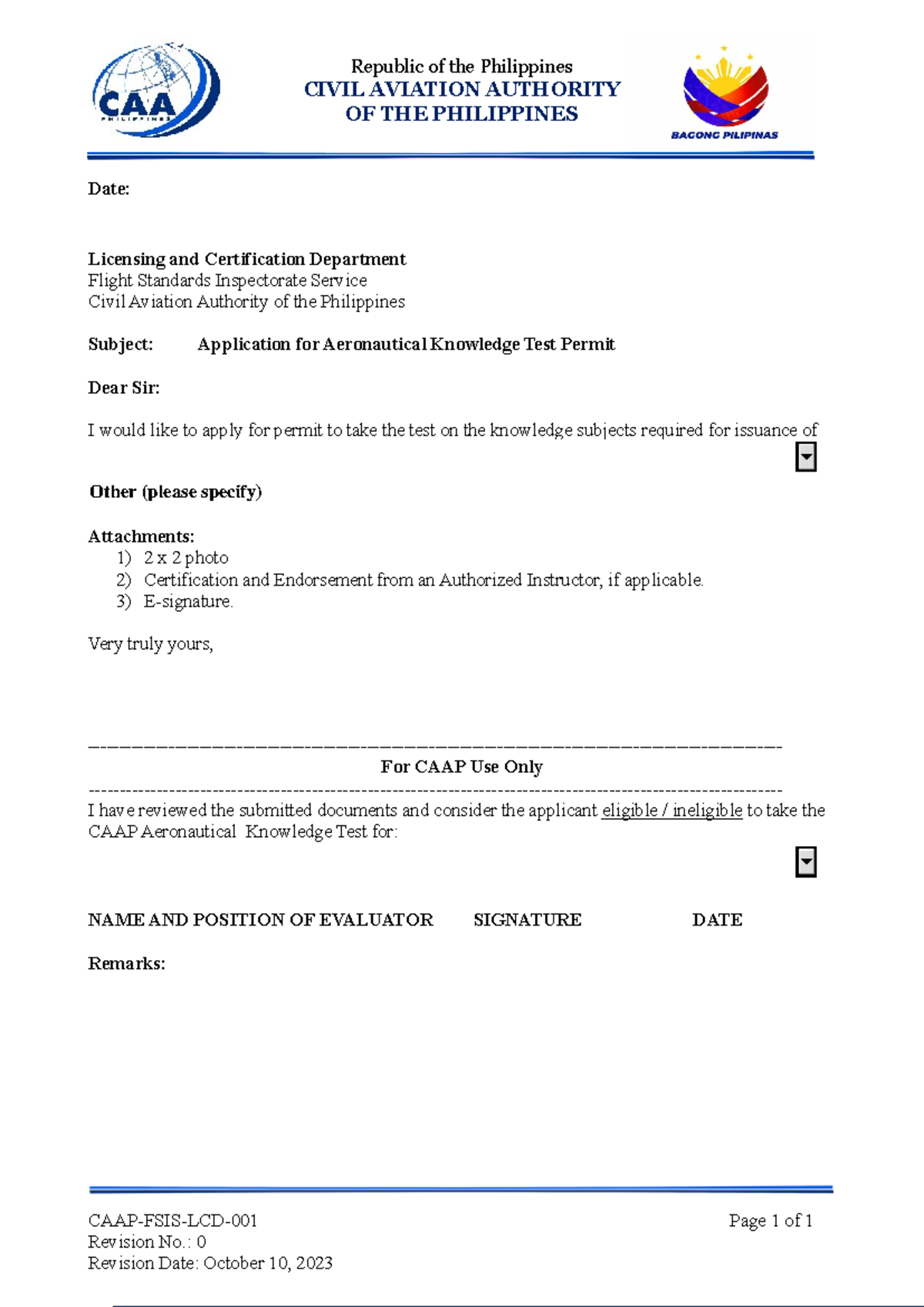 Application for CAAP Aeronautical Knowledge Test Permit - v3.1 - Studocu