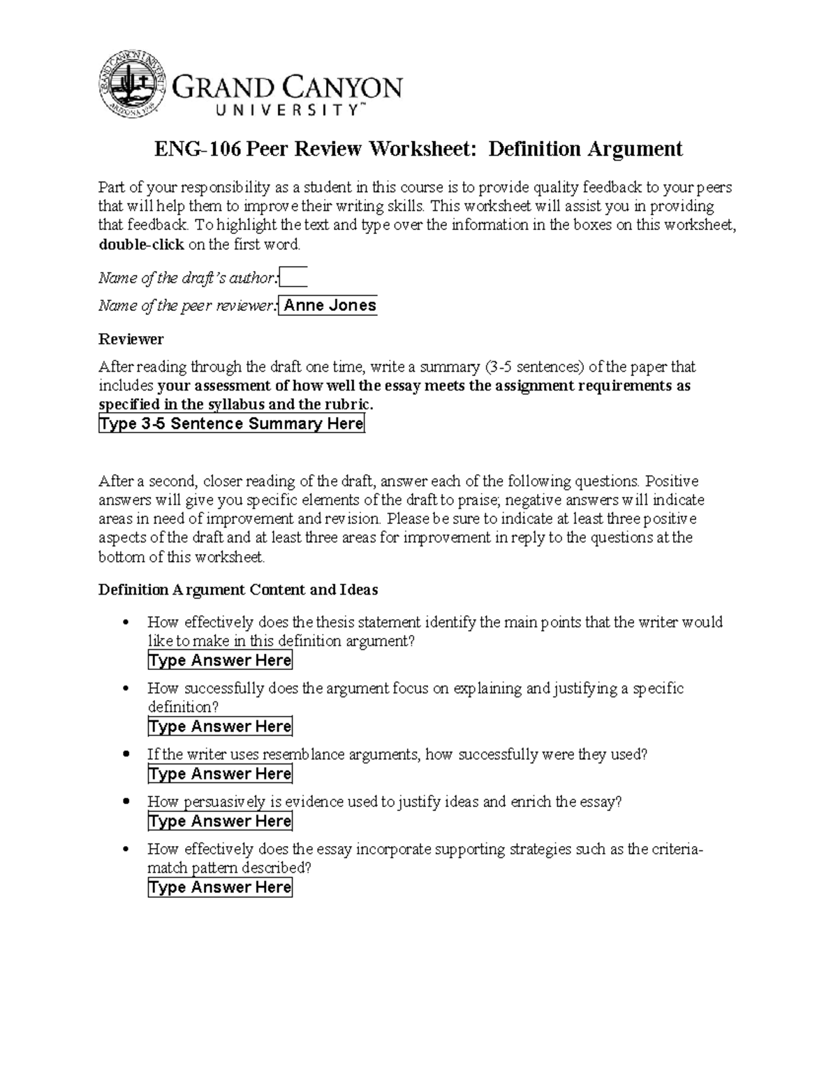 ENG106 Peer Review Worksheet: Definition Argument Feedback Guide - Studocu