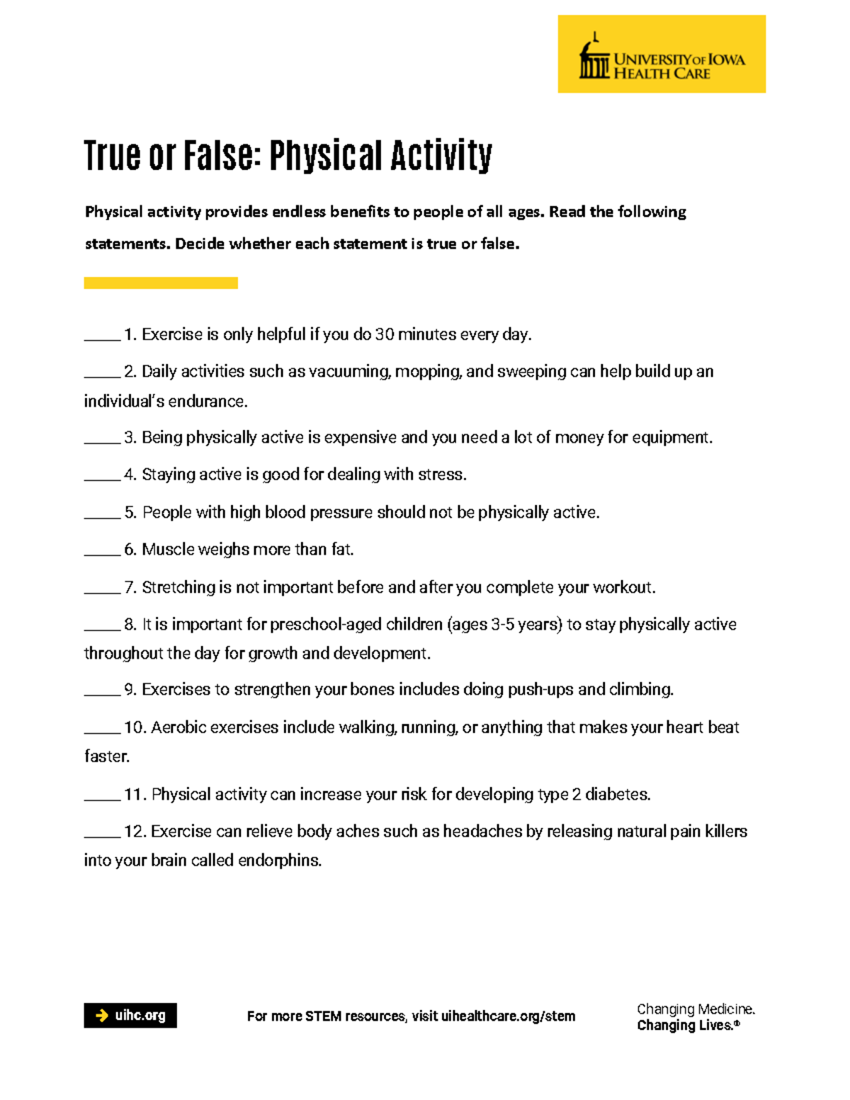 True or False Quiz on Physical Activity Benefits and Myths - Studocu