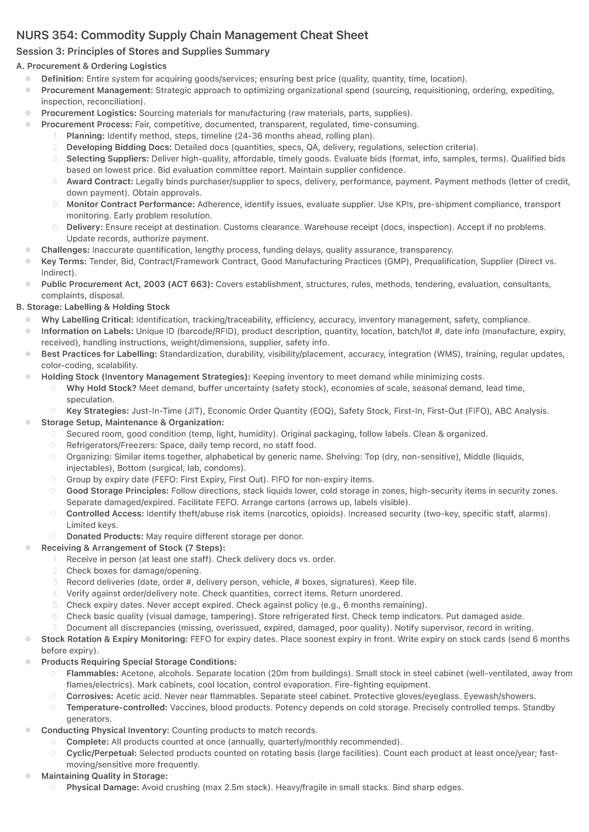 NURS 354: Session 3 Cheat Sheet on Commodity Supply Chain Management ...