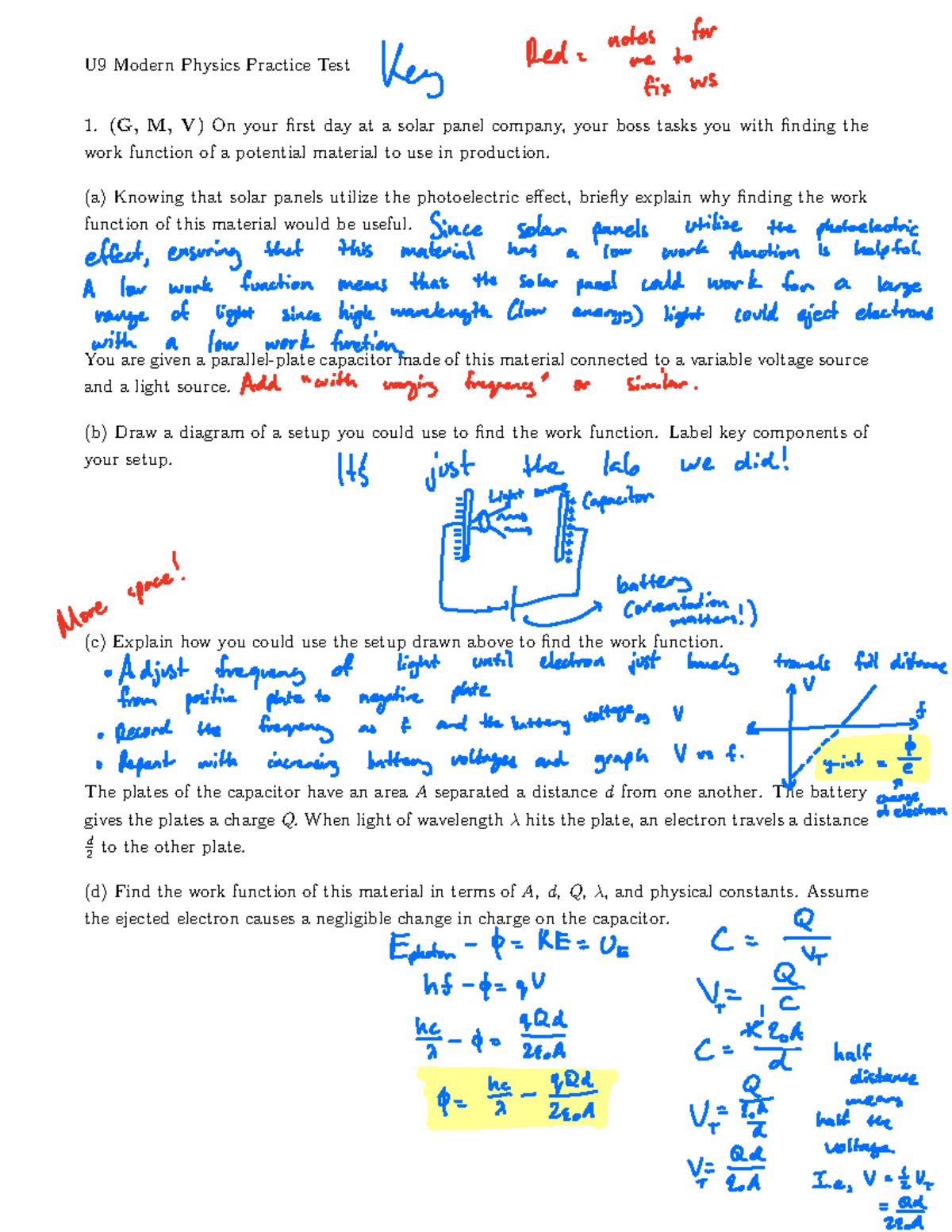 U9 Modern Physics Practice Test Key: Work Function & Photoelectric ...