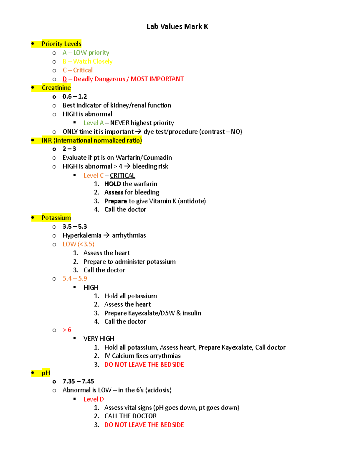 Lab Values Lecture Notes - Mark K Overview for Students - Studocu