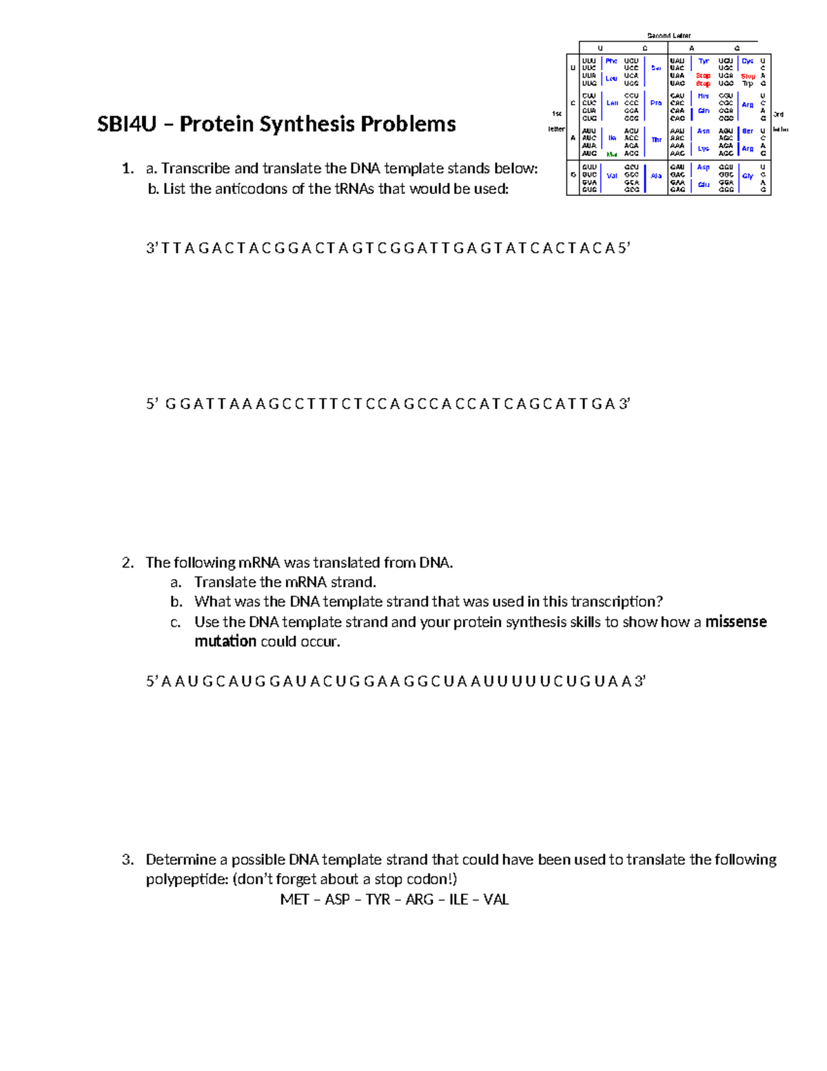 3.6.5 Protein Synthesis Practice Problems - SBI4U – Protein Synthesis ...