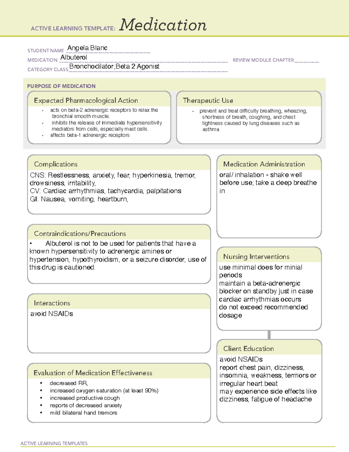 ATI Medication Template: Active Learning for Albuterol (CL) - Studocu