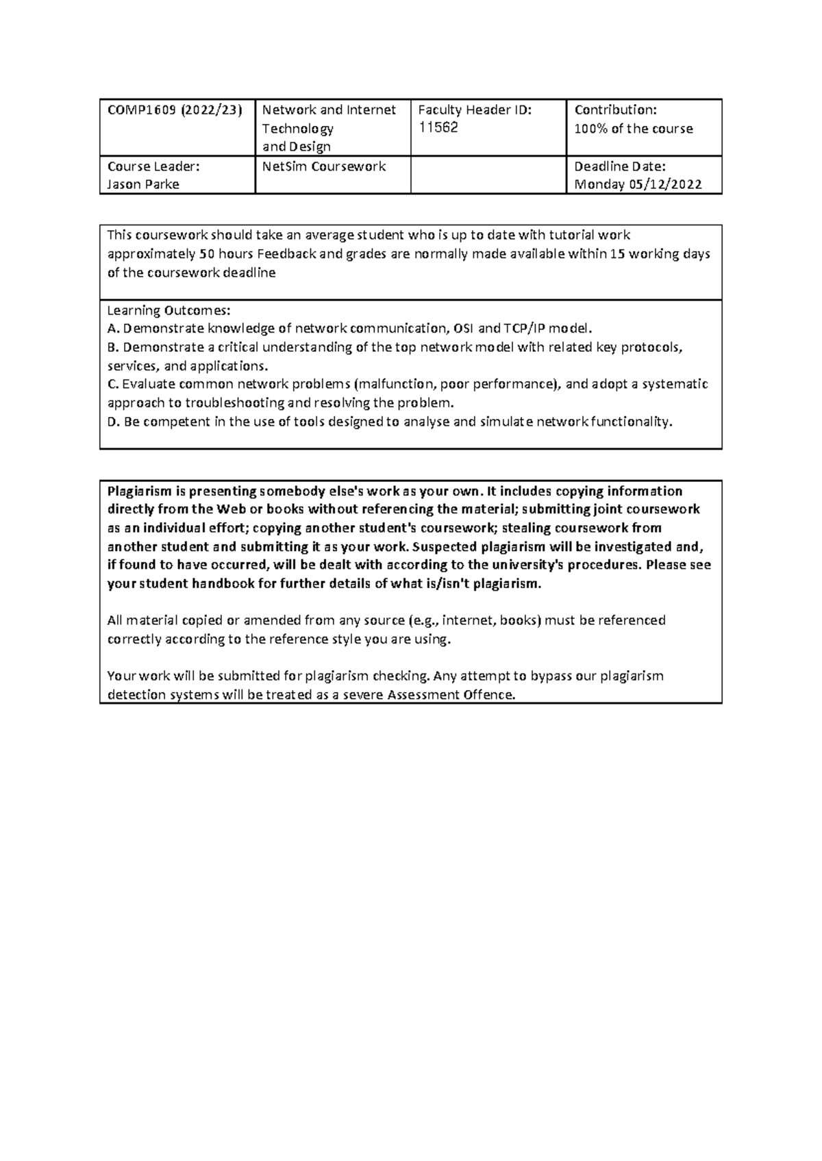 COMP1609 Network and Internet Tech Coursework Guidelines and Tasks ...