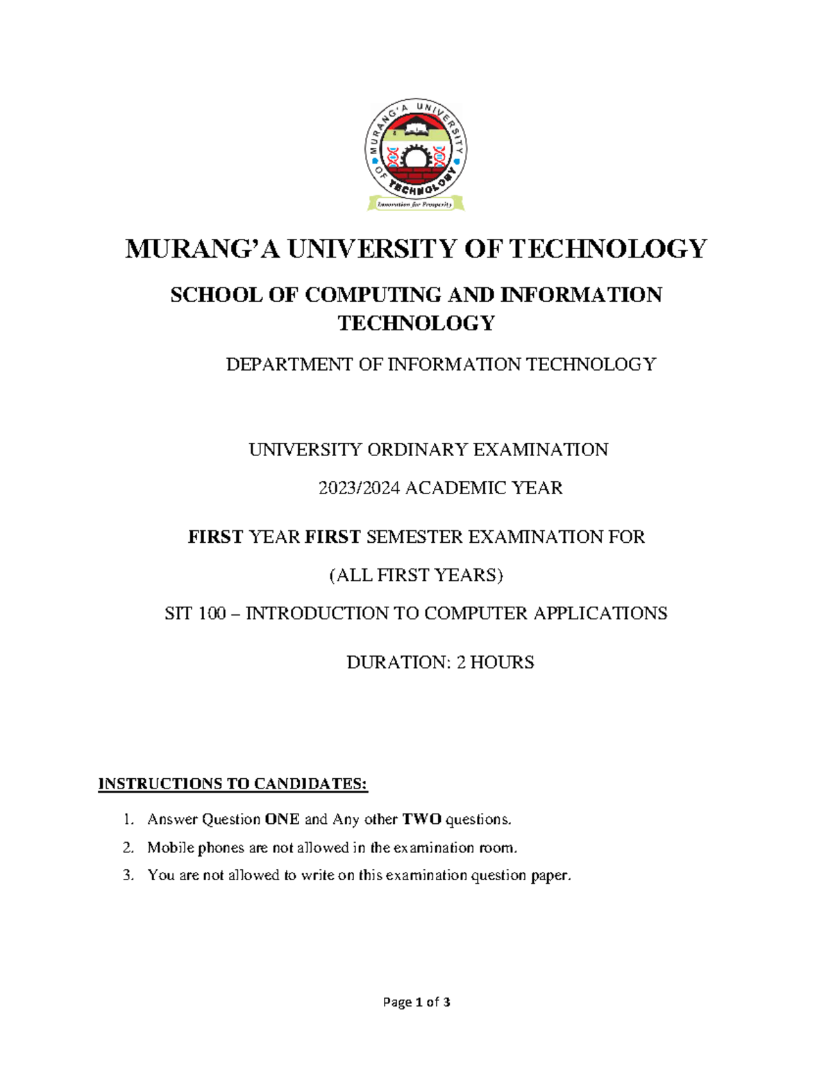 SIT 100 Final Exam: Introduction to Computer Applications - Studocu