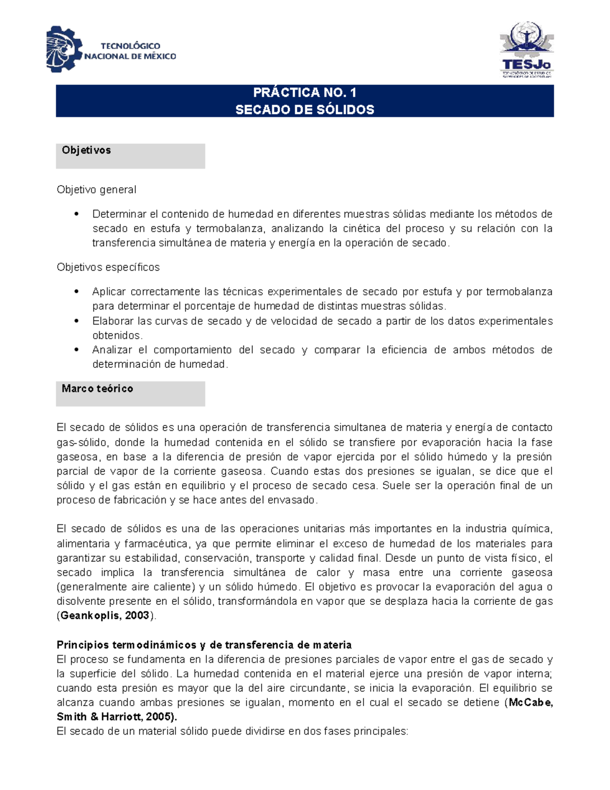 PRÁCTICA NO. 1: SECADO DE SÓLIDOS Y DETERMINACIÓN DE HUMEDAD - Studocu