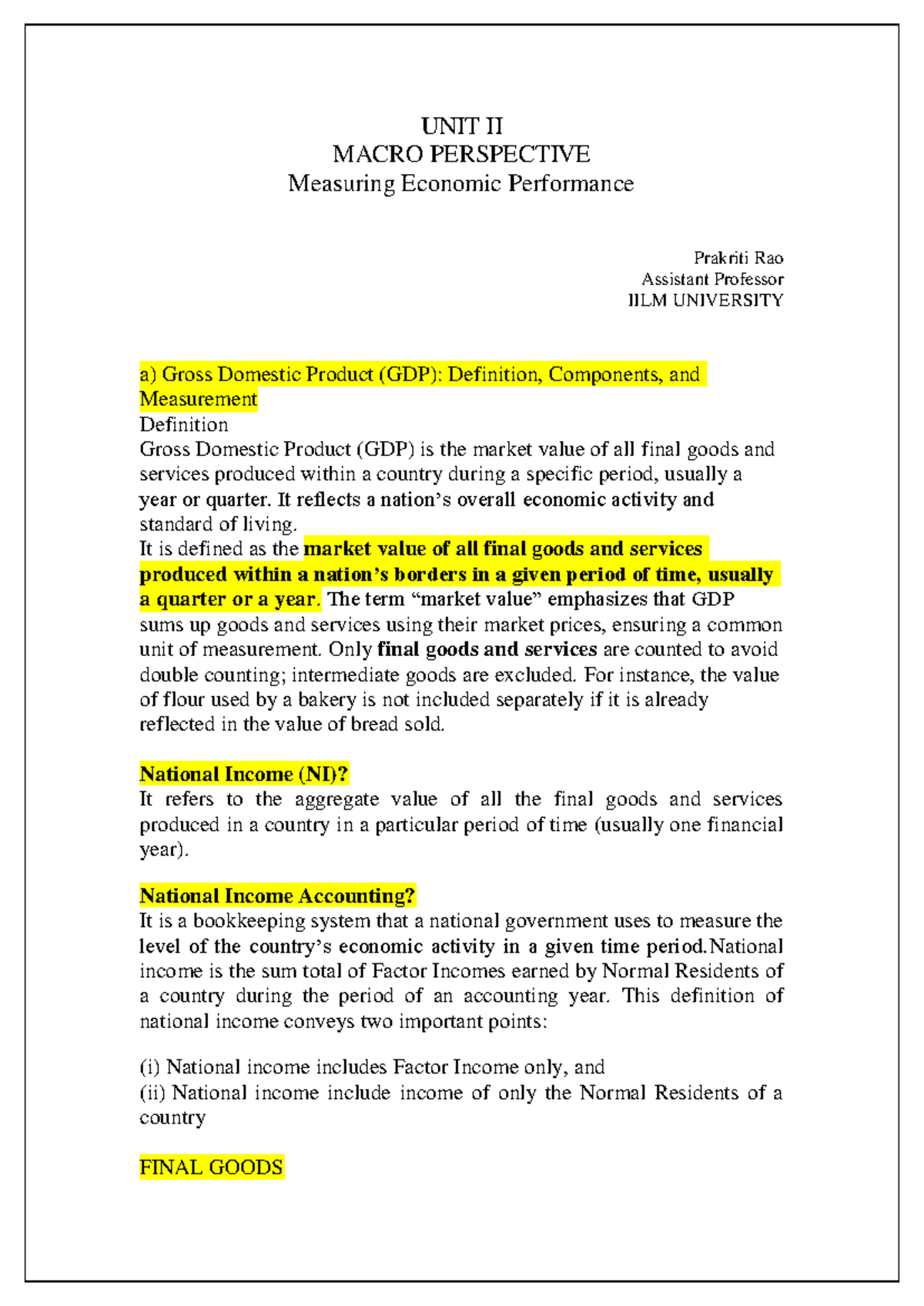 UNIT II - Macro Economics: Measuring Economic Performance and GDP - Studocu