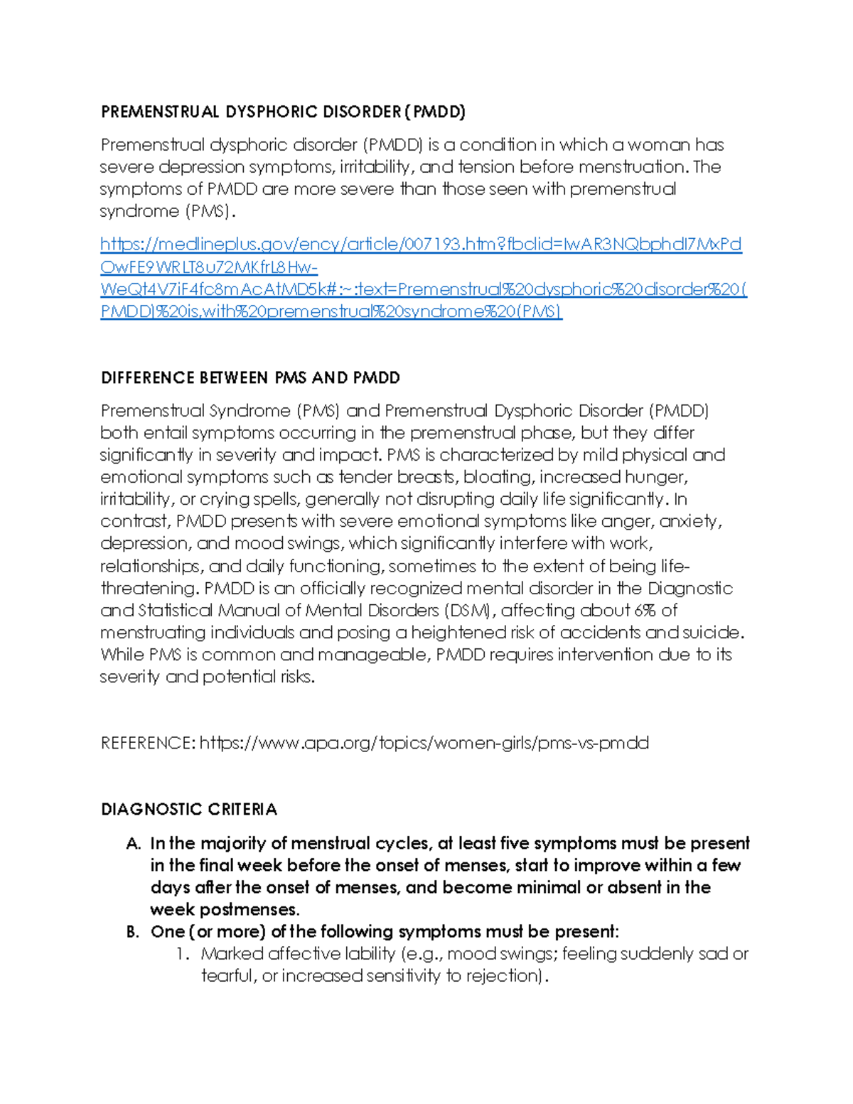 PMDD (Premenstrual Dysphoric Disorder) Overview and Case Study Notes ...