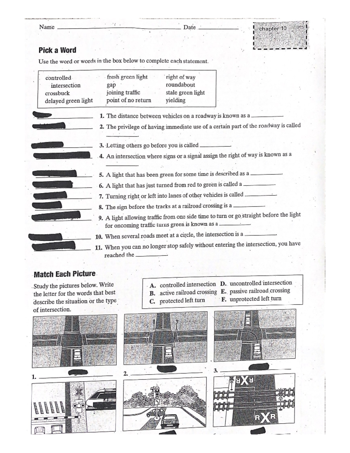 Drivers ed ch 10 worksheet - Name Date chapter 10 Pick a Word Use the ...