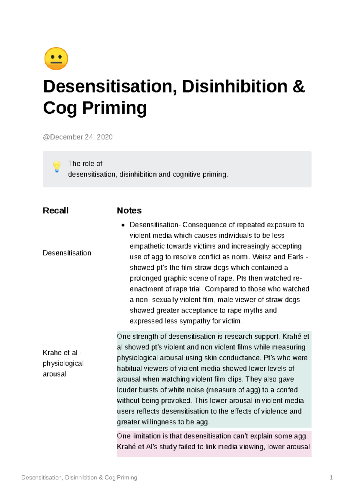Desensitisation, Disinhibition & Cog Priming: Key Insights (2020) - Studocu