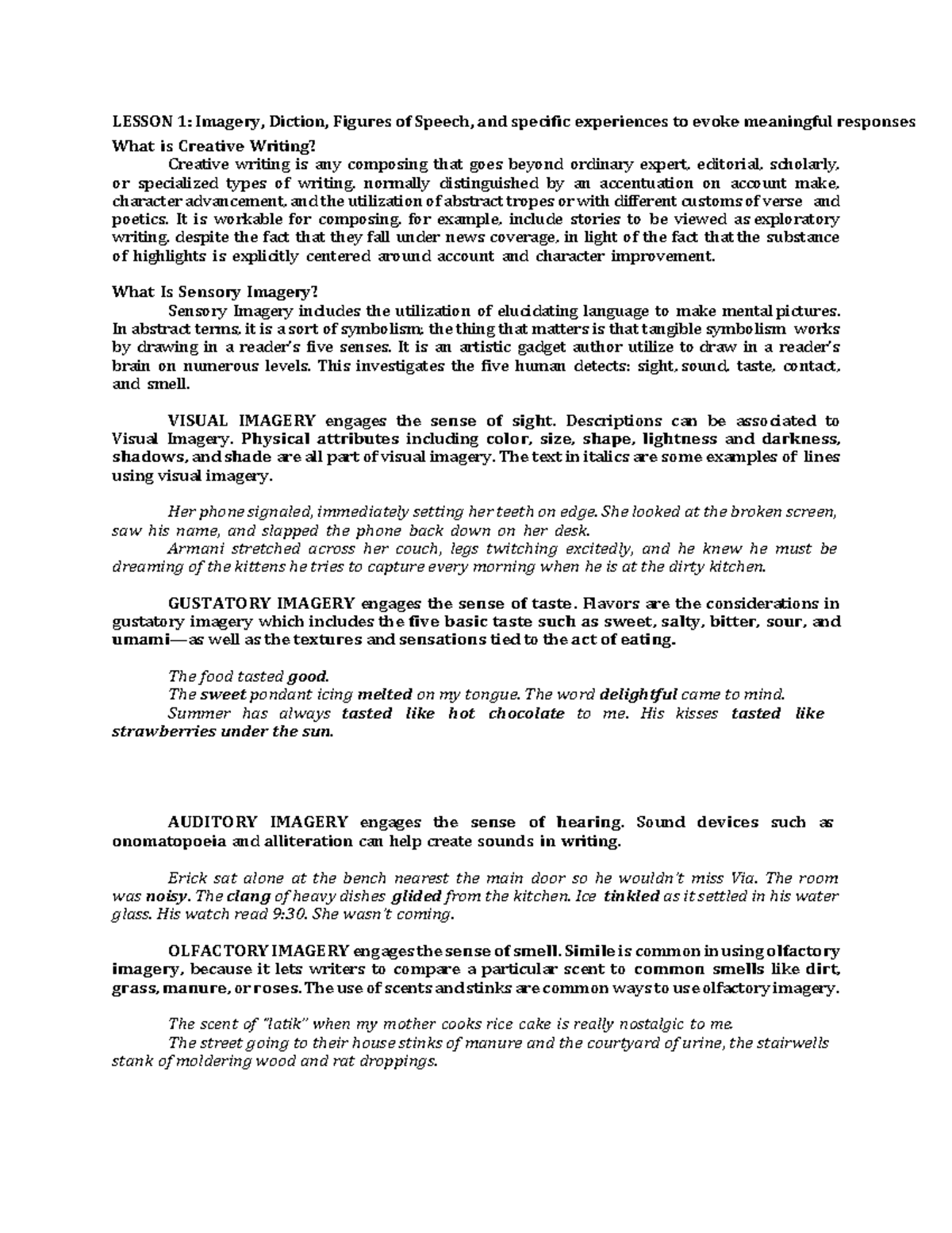 Creative Writing Lessons: Imagery, Diction, & Poetic Devices - Studocu