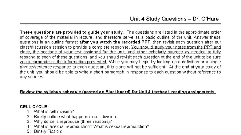 Unit 4 Study Questions: Cell Cycle, Meiosis, and Genetic Variation ...