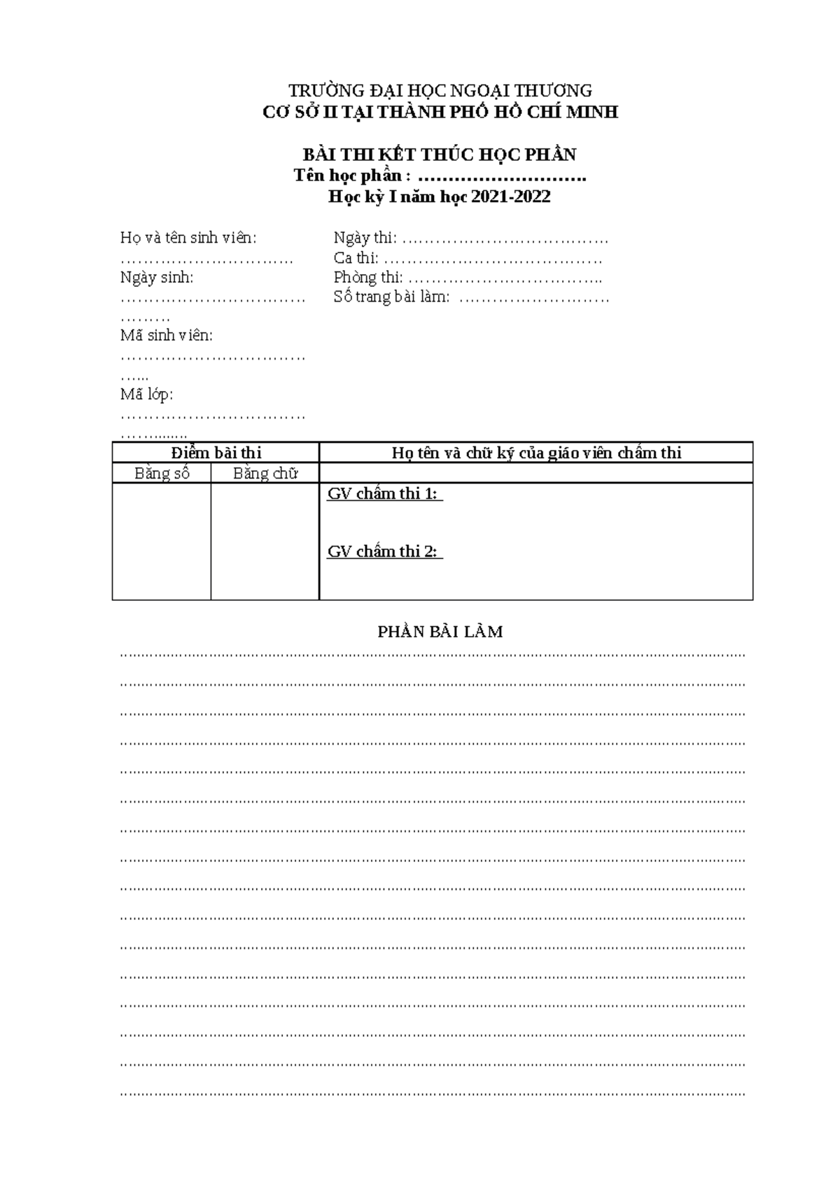 MẪU GIẤY LÀM BÀI - hay - TRƯƠAOAƯƠNG Đ I H C NGO I TH NG C S II T I THANH PH H CHI MINHƠƠAÔÔ BAI ...
