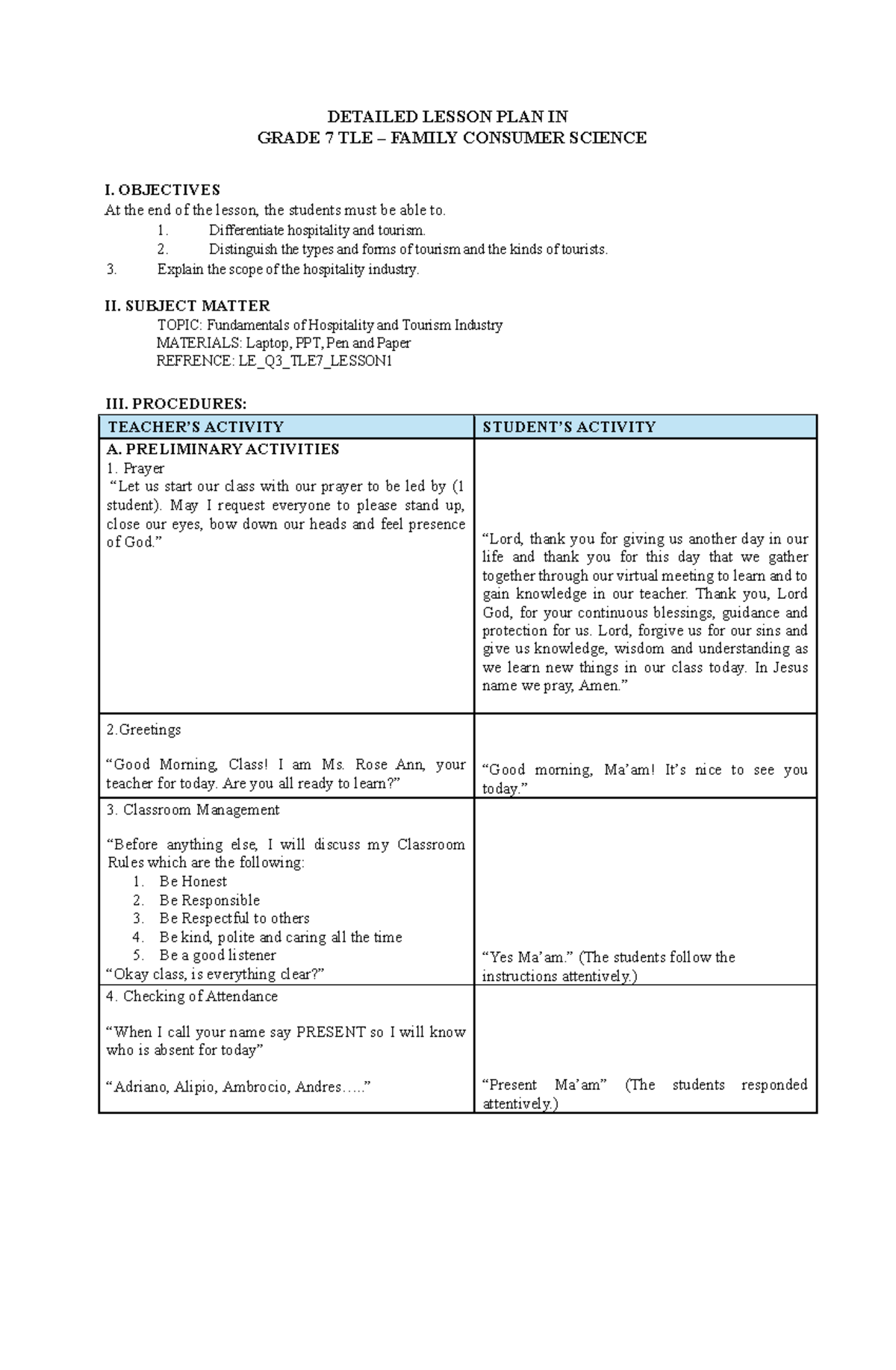 Detailed Lesson Plan in Grade 7 TLE: Hospitality & Tourism Fundamentals ...