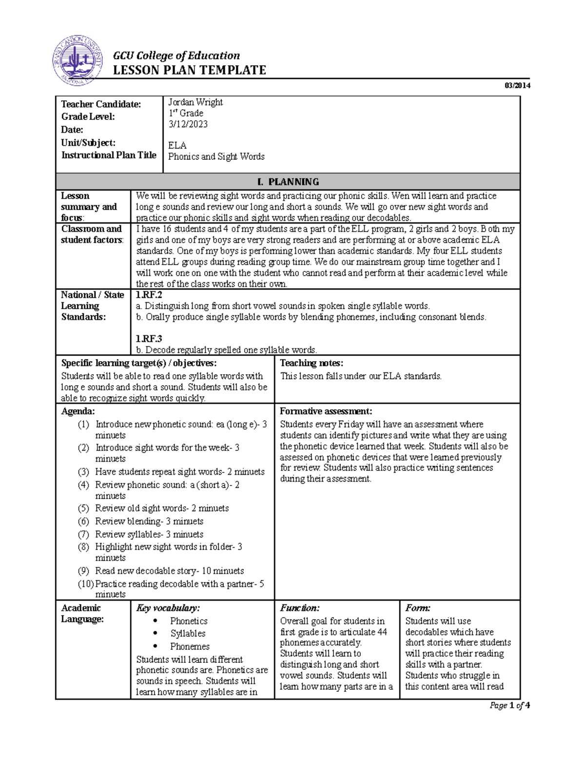 ELL Lessson Plan - lesson plan - GCU College of Education LESSON PLAN ...