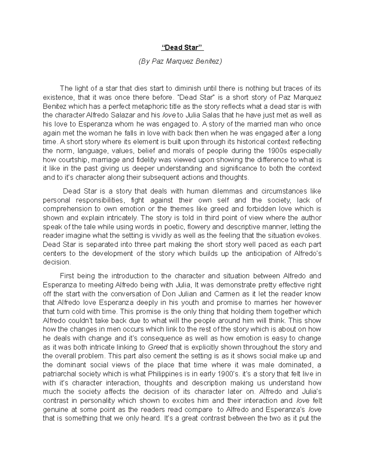 Critique Paper: Analyzing "Dead Star" by Paz Marquez Benitez - Studocu