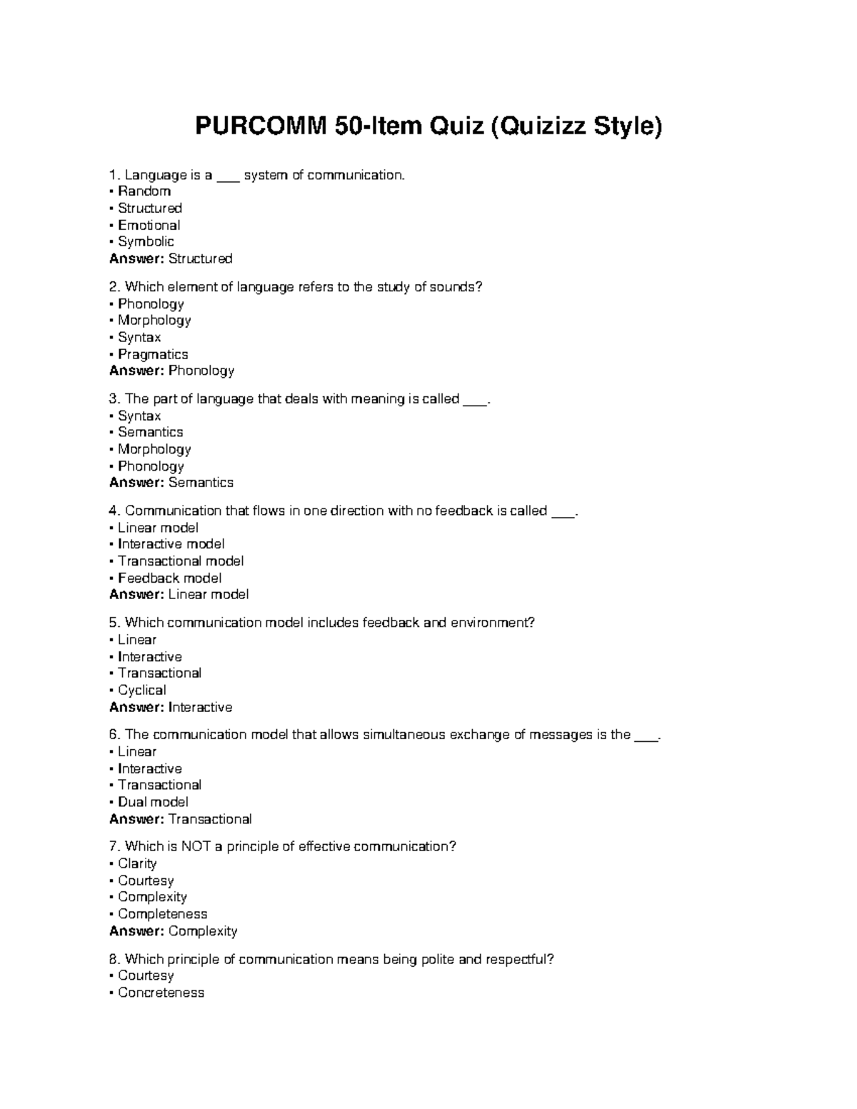 PURCOMM Quizizz Style: 50 Items on Language & Communication - Studocu