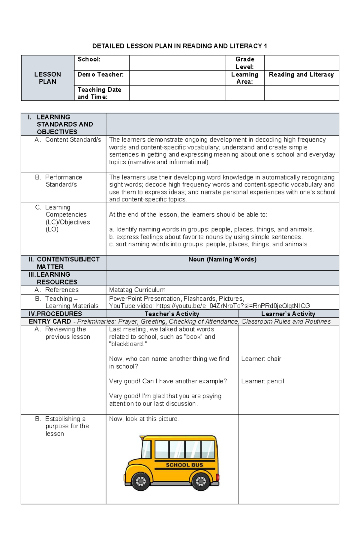 English 1 - Detailed Lesson Plan on Nouns (Naming Words) - Studocu