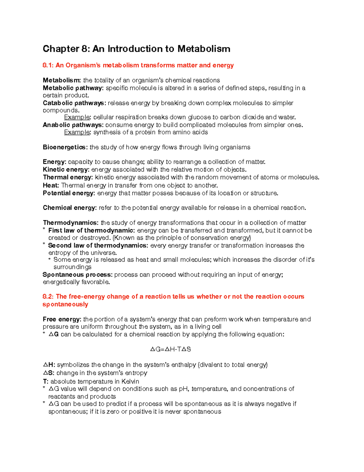 Final Exam Notes: Chapter 8 - Introduction to Metabolism (BIO101) - Studocu
