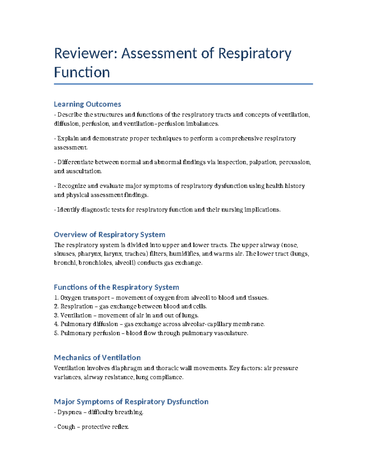 Respiratory Function Assessment Review: Key Learning Outcomes - Studocu